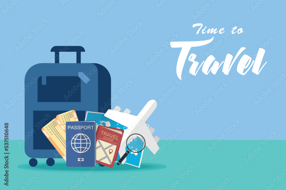 Travel bag. travel suitcase. Set of pieces of documentation to plan a trip. Passport, travel ...