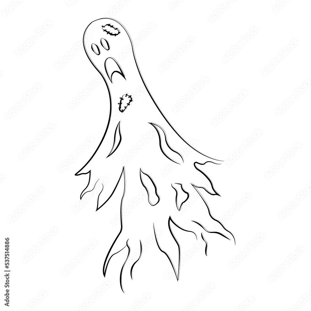 A scary ghost flies. Simple linear illustration in doodle style. Sketch ...
