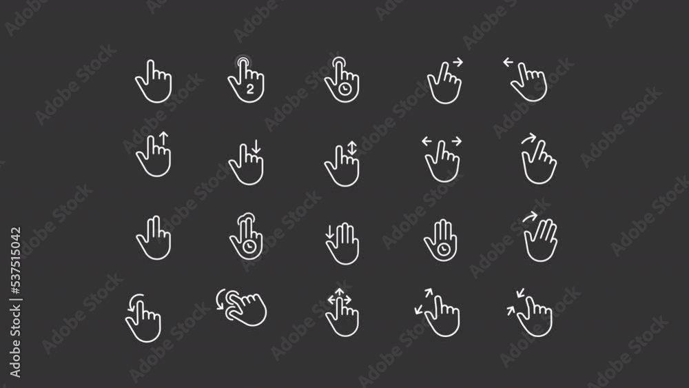 Animated touch white linear icon set. Touchscreen control. Gestures navigation. Seamless loop HD ...
