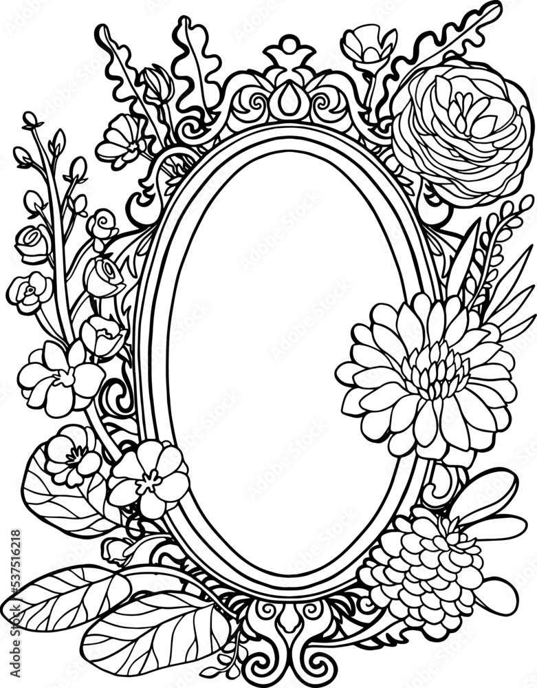 Vintage mirror with swirls and fantasy flowers and leaves. Coloring ...