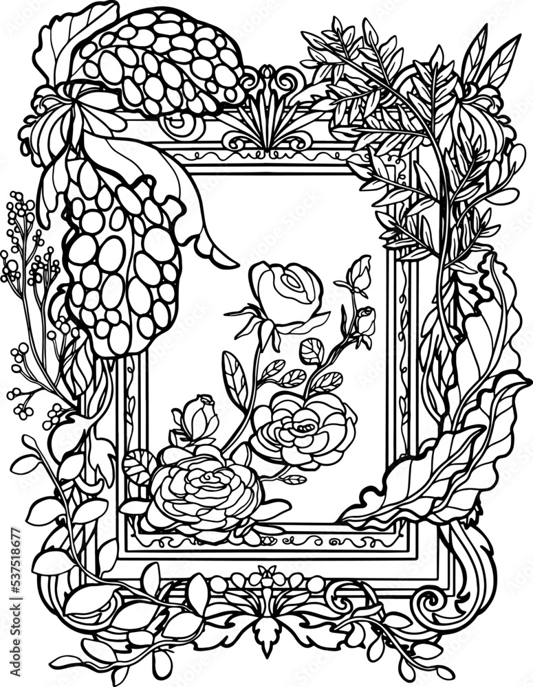 Vintage picture frame with swirls and fantasy flowers and leaves ...