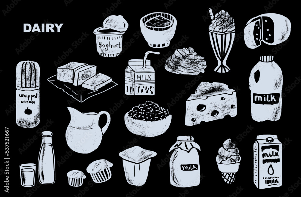 Hand draw vector set dairy products. Illustration of cottage cheese ...