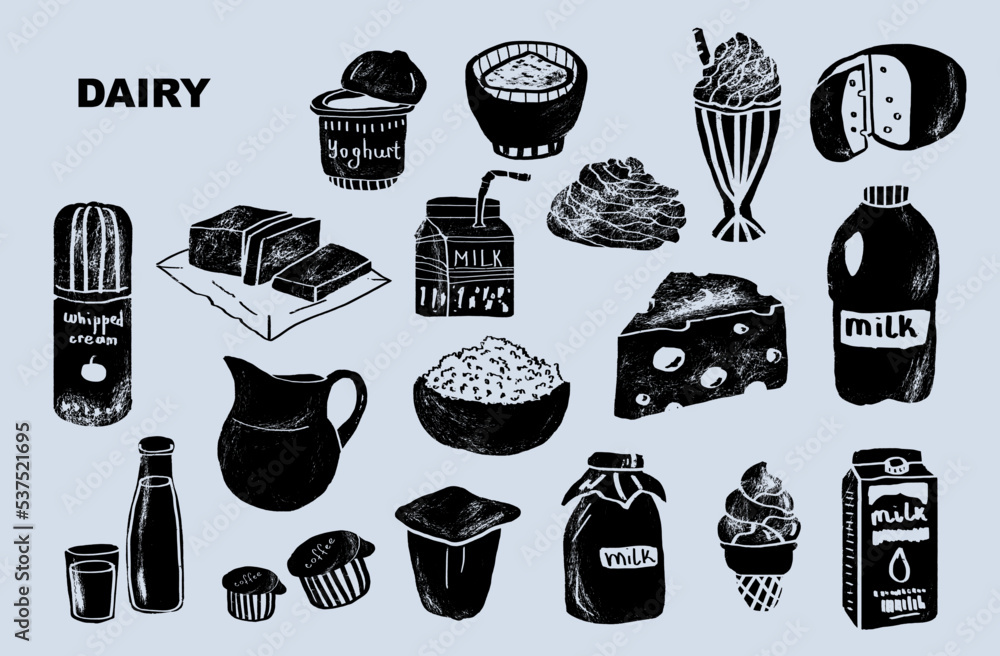 Hand draw vector set dairy products. Illustration of cottage cheese ...