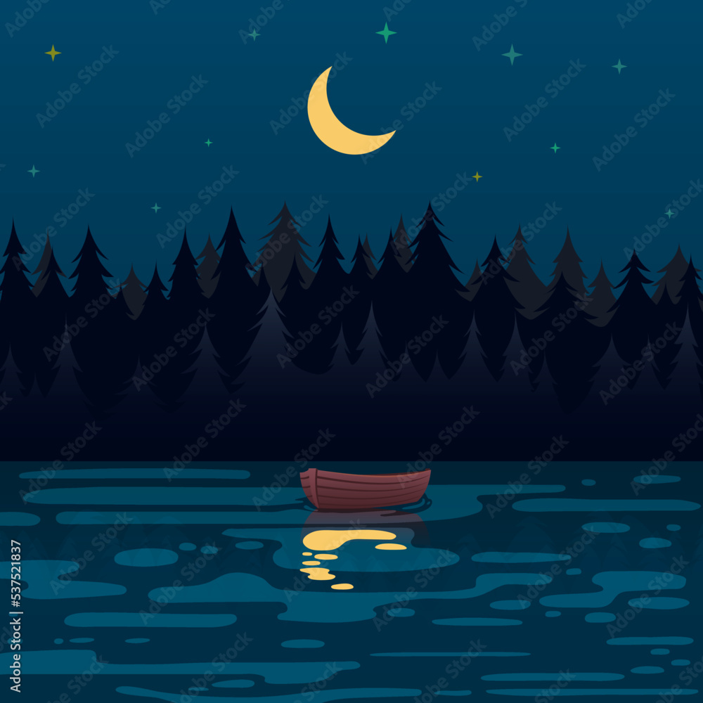 Vector hand drawn illustration of a boat on a lake with a forest ...
