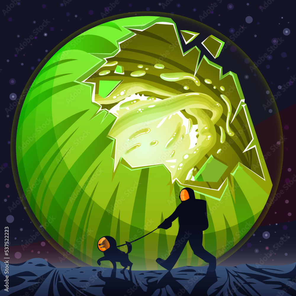 Vector space sci-fi illustration with an astronaut and his dog with a ...