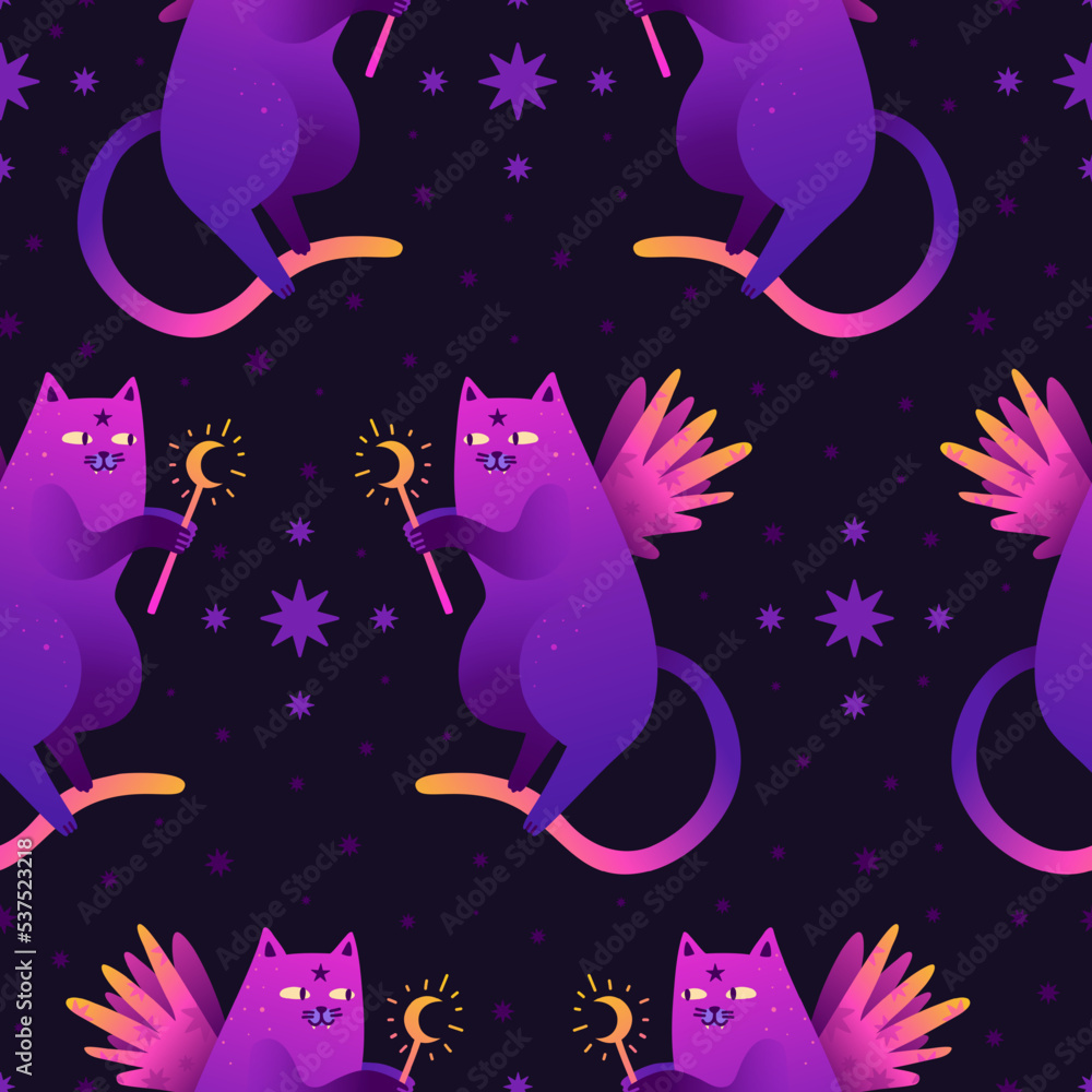 Mystical seamless pattern with cartoon shiny cats. Magic characters of ...