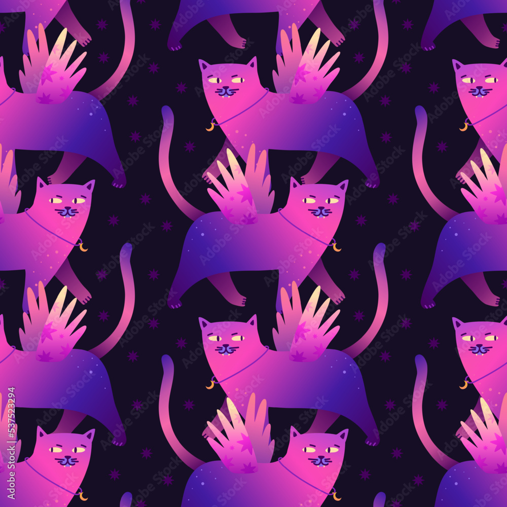 Mystical seamless pattern with cartoon shiny cats. Magic characters of ...