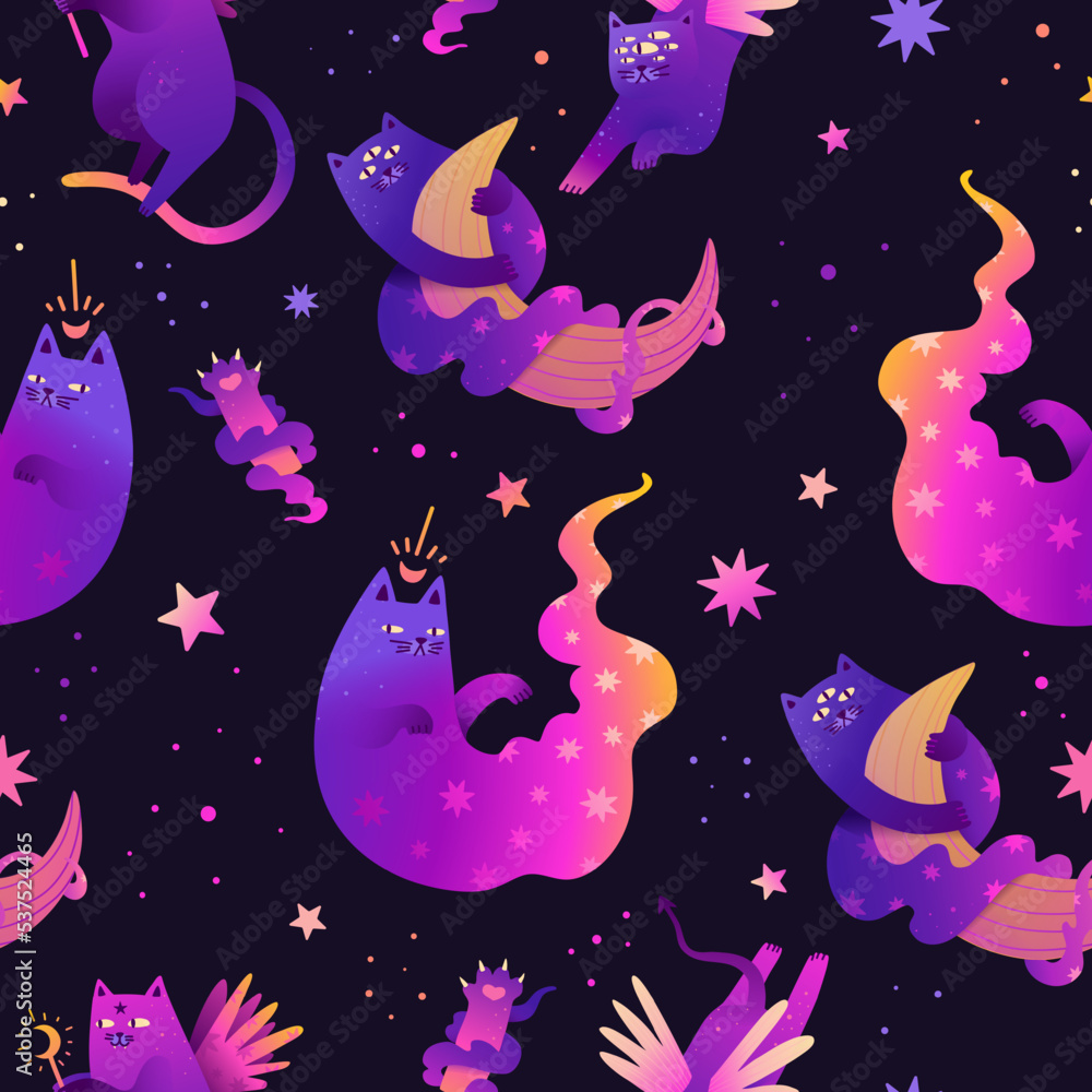 Mystical seamless pattern with cartoon shiny cats. Magic characters of ...