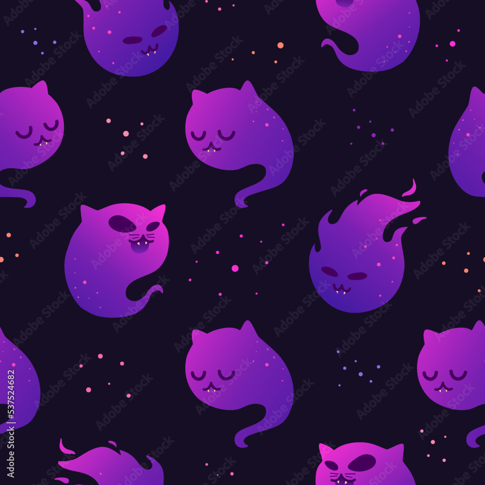 Mystical seamless pattern with cartoon shiny cats. Magic characters of ...
