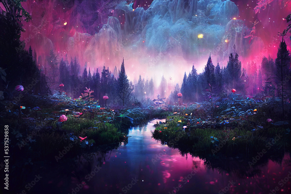 Magical dark fairy tale forest at night with glowing lights and fog und ...