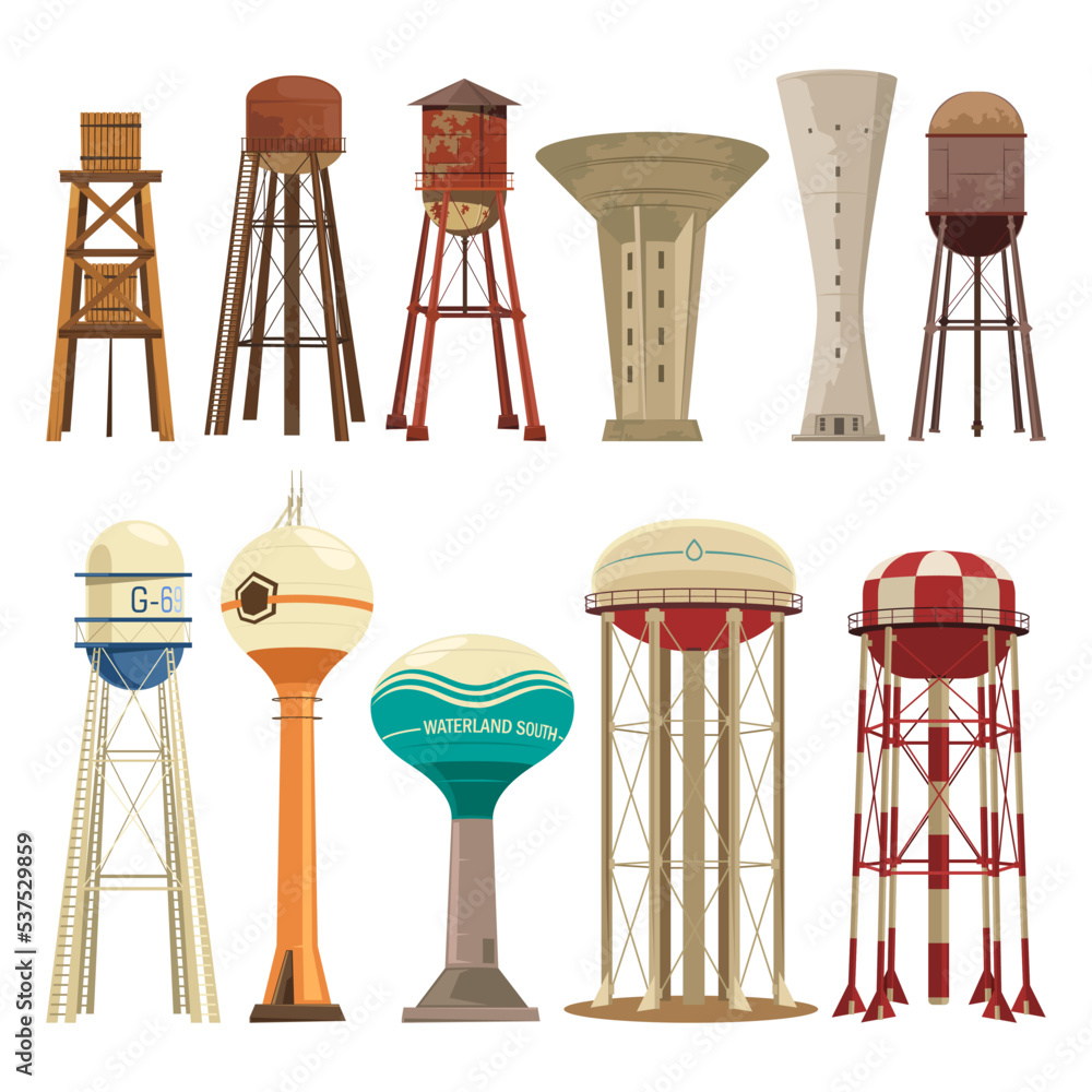Water towers set. Vector illustrations of high steel construction with ...
