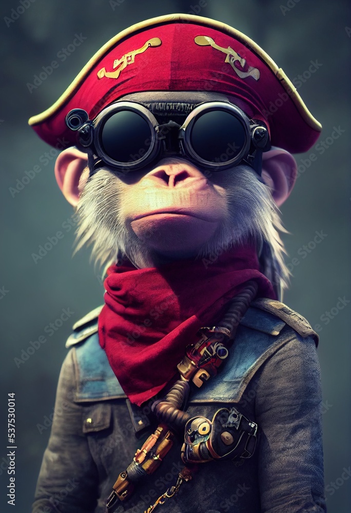 Portrait of a brutal monkey pirate. Medieval pirate monkey in a vintage ...