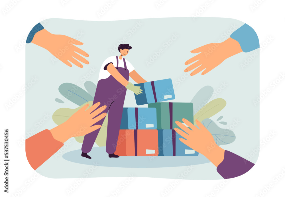 Delivery service worker handing out boxes to customers. Hands of people ...