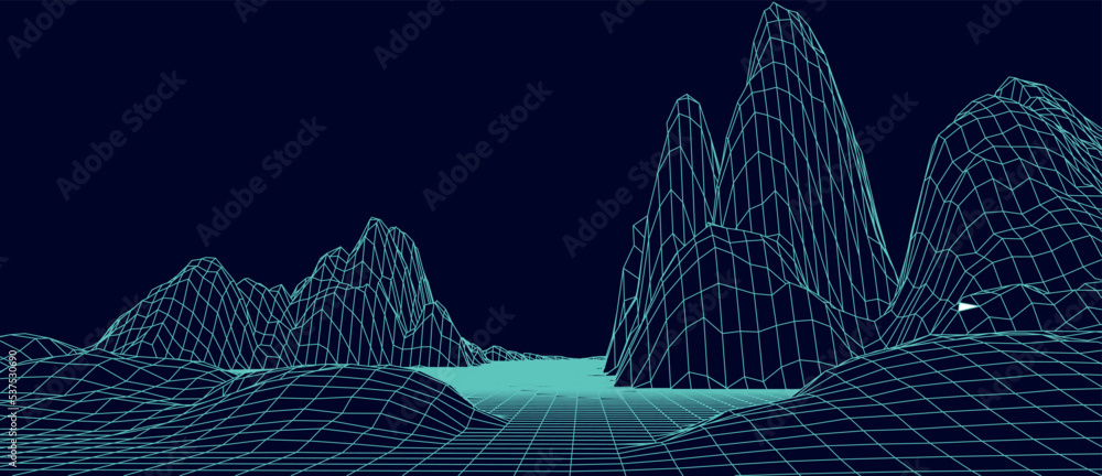 Abstract digital landscape. Wireframe landscape background. 3d ...
