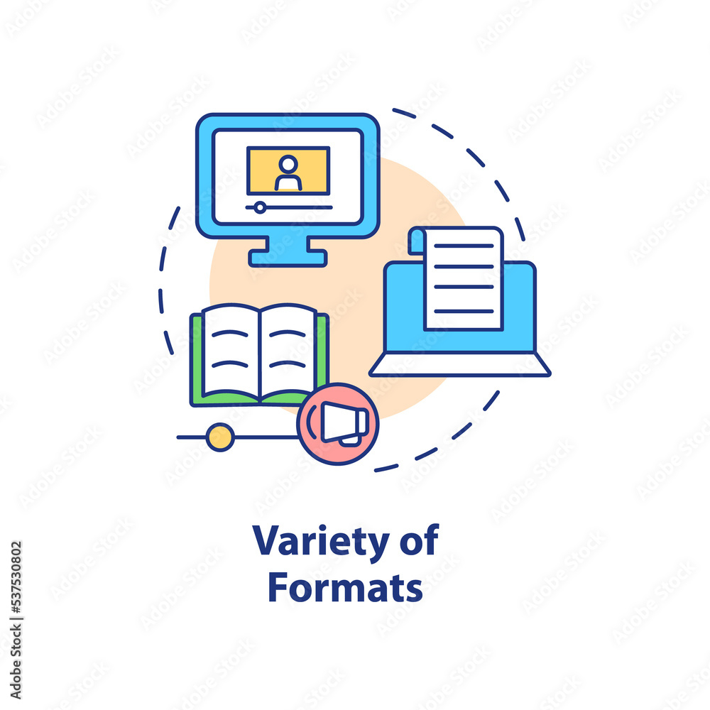 Variety of formats concept icon. Elearning platforms features abstract ...