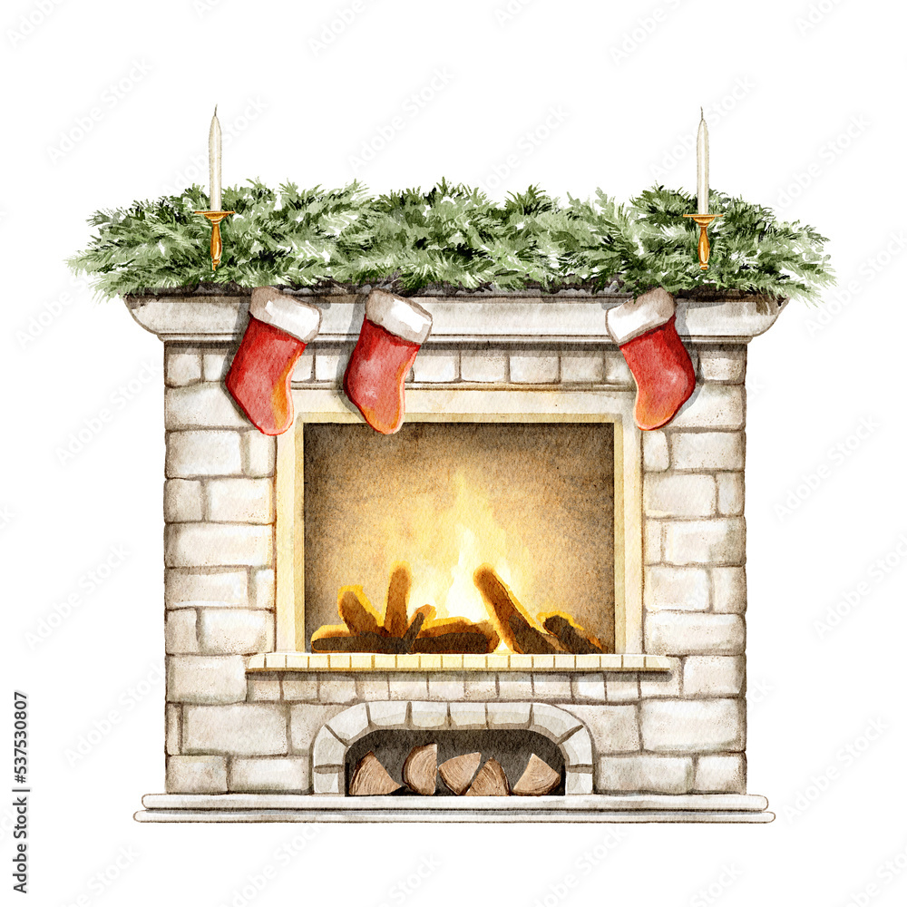 Watercolor vintage brick Christmas fireplace with firewood, flame ...