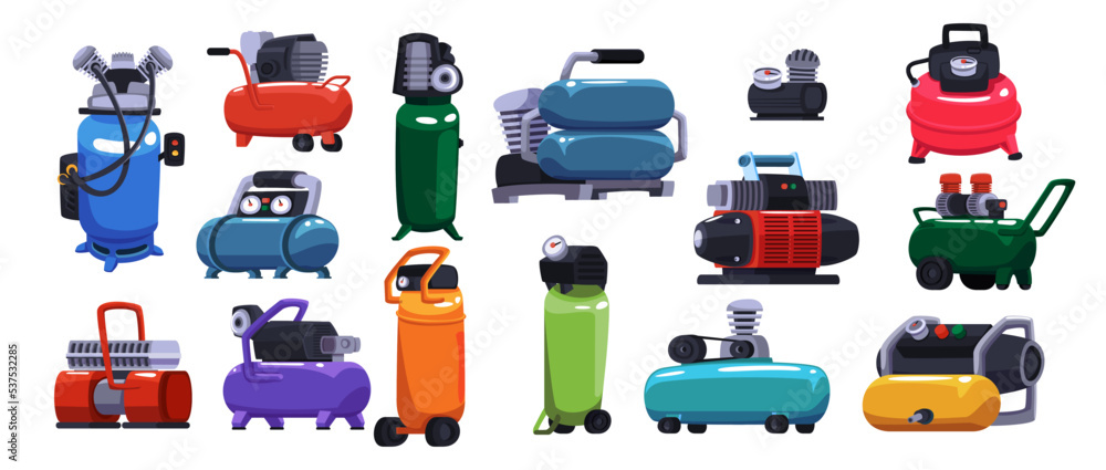 Air compressors set. Vector illustrations of pneumatic equipment for ...
