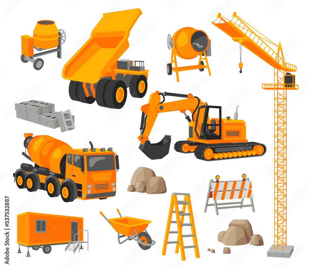 Construction vehicles and site objects vector illustrations set ...