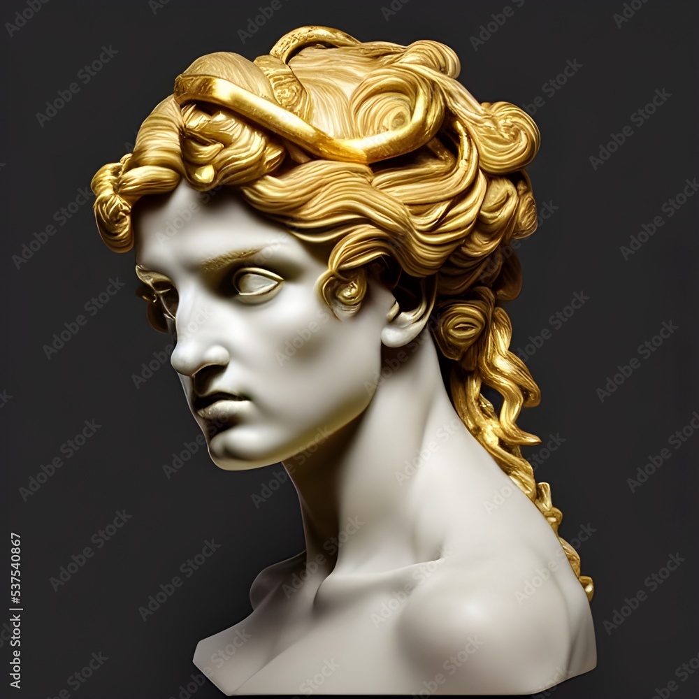 3D illustration of a white marble bust featuring a young woman ...