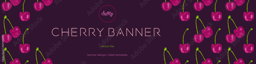 Cherry flavored banner template with vector cherries pattern. Hand ...