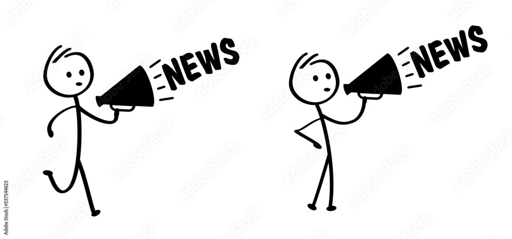 Cartoon stickman, stick figure man speaking in to the megaphone and ...