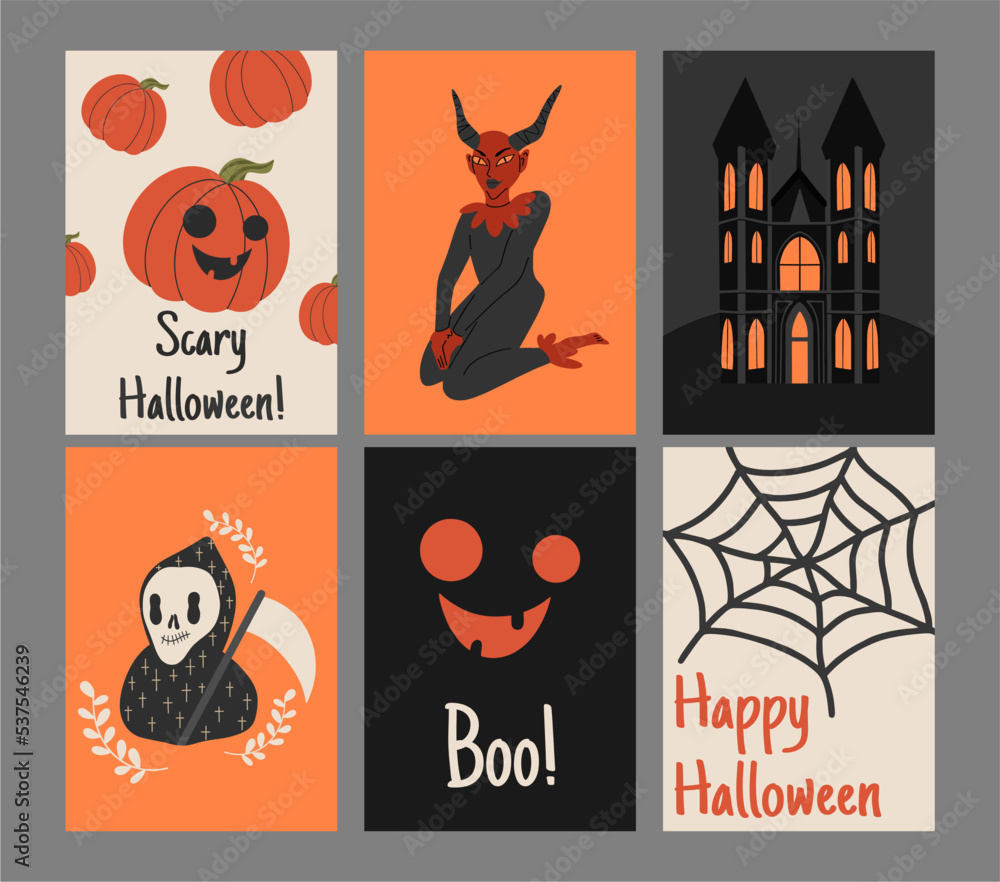 Set of vertical posters for Halloween. Sinister pumpkins, a creepy ...