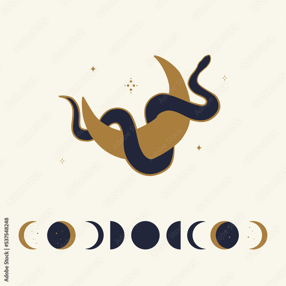 Vetor de Magic snake with moon, star and crescents. Mystical symbols in ...