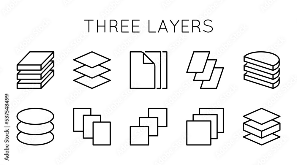 Layered materials icons set. Three-layer materials. Fabric, sheets ...