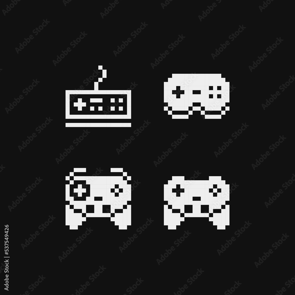 Gamepad icons set, emoji. Retro 80s pixel art. Flat style. Old school ...