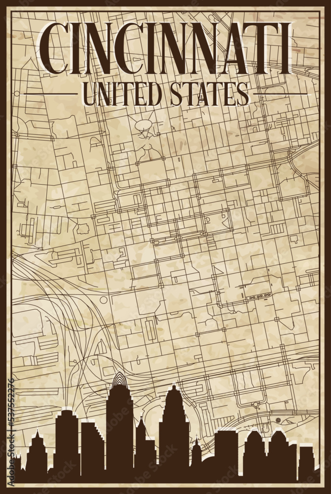 Brown vintage hand-drawn printout streets network map of the downtown ...