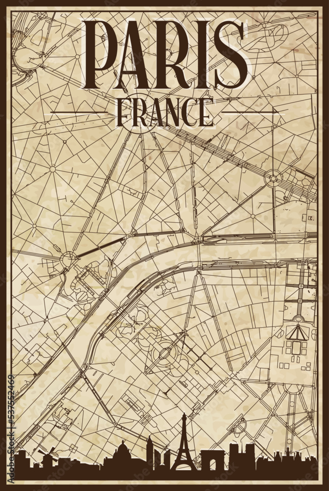 Brown vintage hand-drawn printout streets network map of the downtown ...