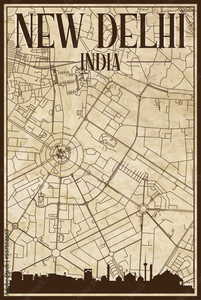 Brown vintage hand-drawn printout streets network map of the downtown ...