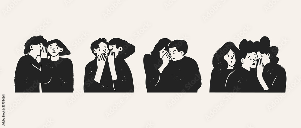 Set of various people whispering secrets into ears. Talking something ...