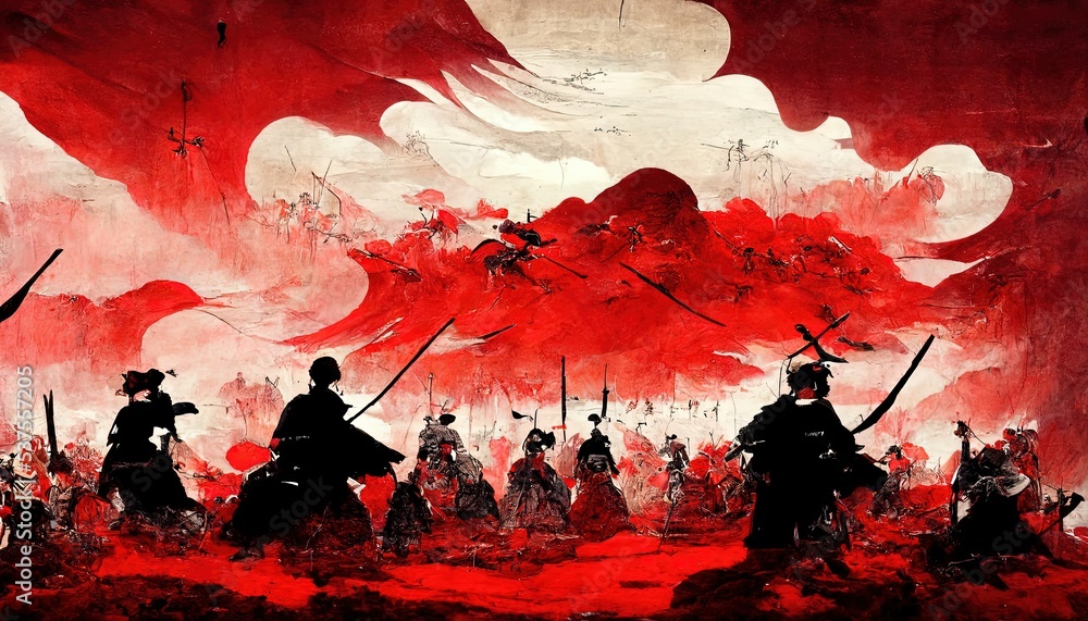 Anime style, Japanese samurai army fighting with enemy, large scene ...