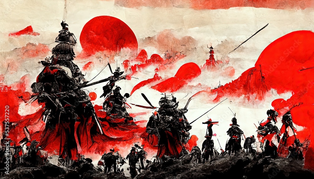 Anime style, Japanese samurai army fighting with enemy, large scene ...