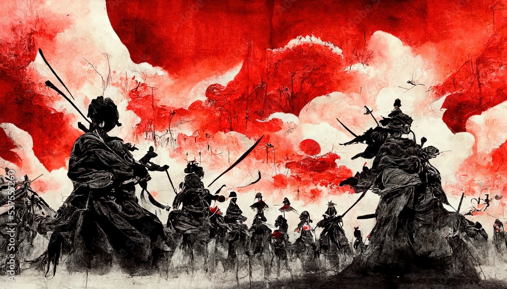 Anime style, Japanese samurai army fighting with enemy, large scene ...