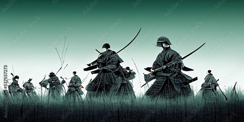 Anime style, Japanese samurai army fighting with enemy, large scene ...