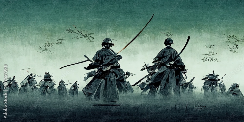 Anime style, Japanese samurai army fighting with enemy, large scene ...