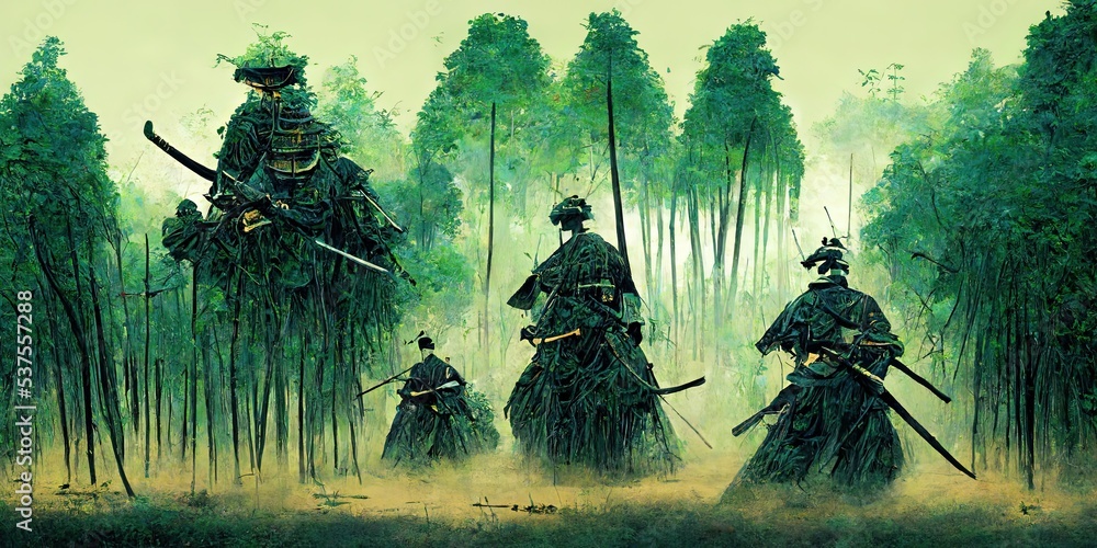 Photo & Art Print Anime style, Japanese samurai army fighting with ...