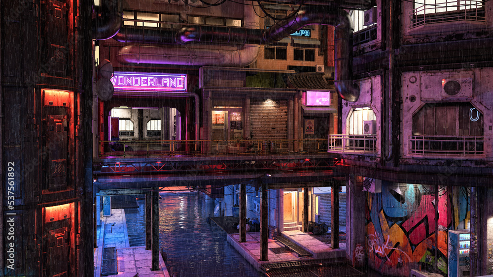 Rainy night in a futuristic multi level urban cyberpunk city ...