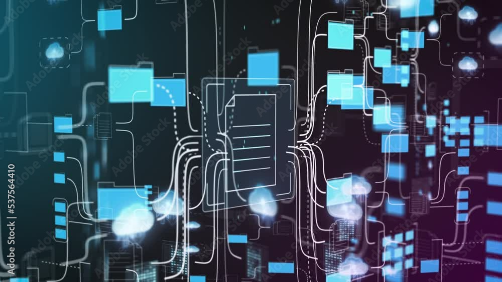 3D data network loop digital files, documents and cloud symbols ...