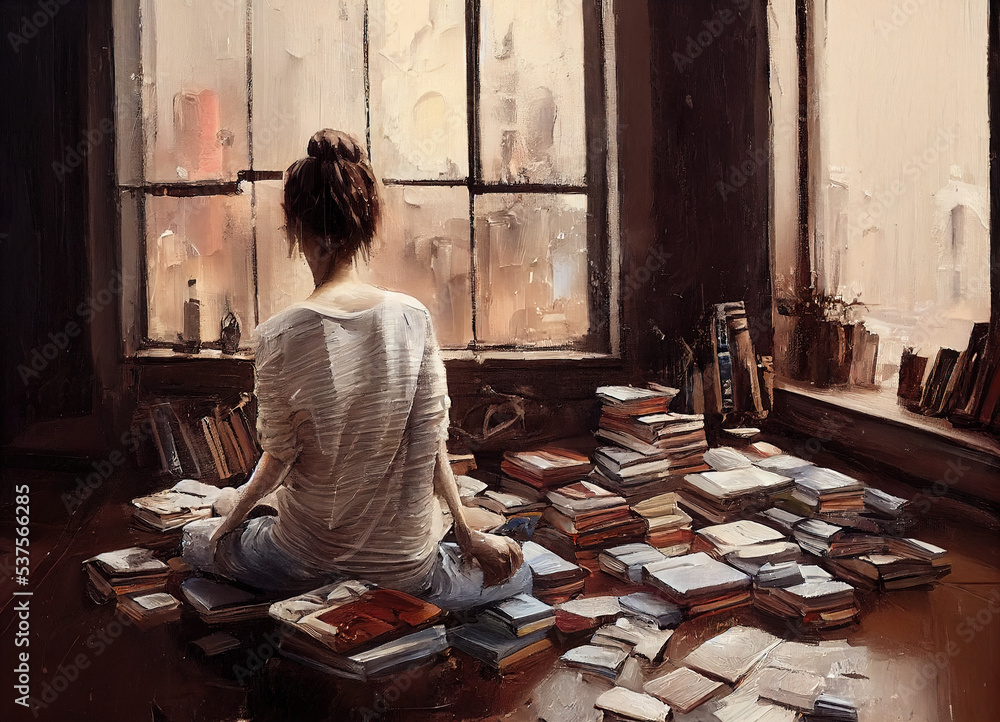 woman surrounded by books Stock-Illustration | Adobe Stock
