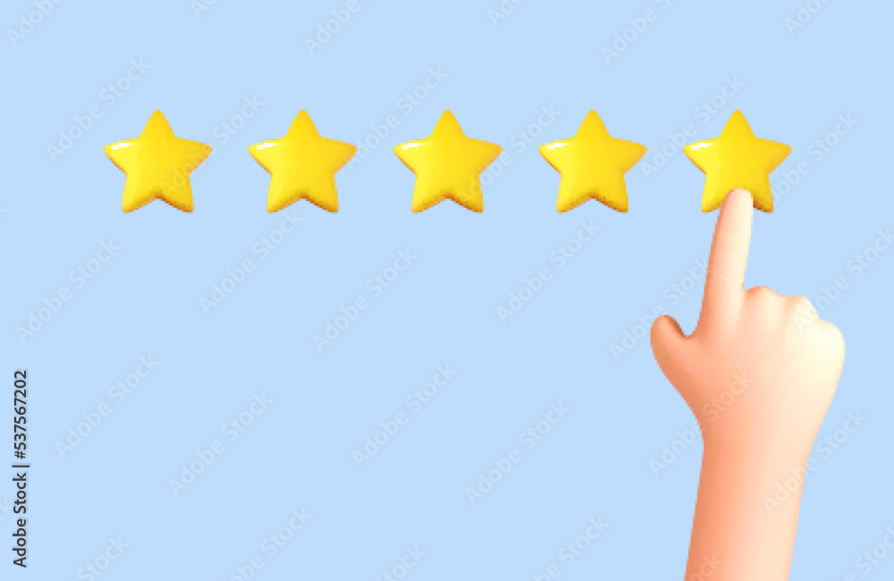 3D cartoon hand clicks on a five star rating. Concept of a positive ...