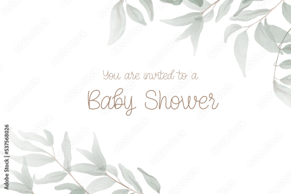 Watercolor baby shower card with green flowers frame. Isolated on white ...