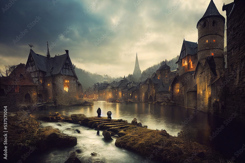 Fantasy old castle in the side of lake. Digital illustration. Stock ...