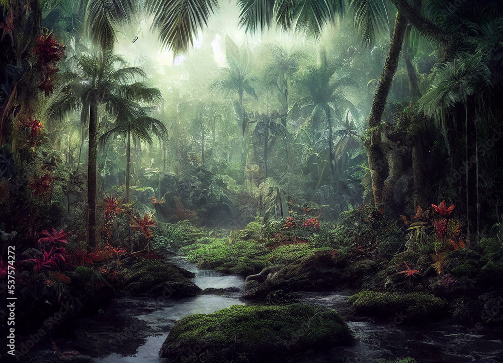 The Landscape of the jungle full of exotic plants and trees, An ...