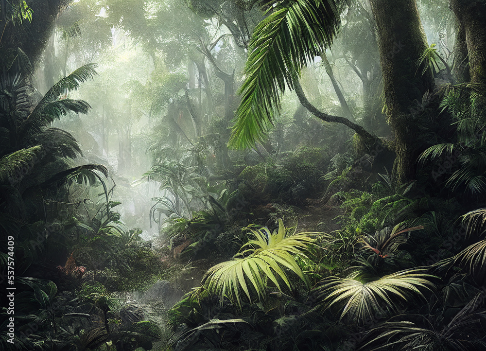 The Landscape of the jungle full of exotic plants and trees, An ...