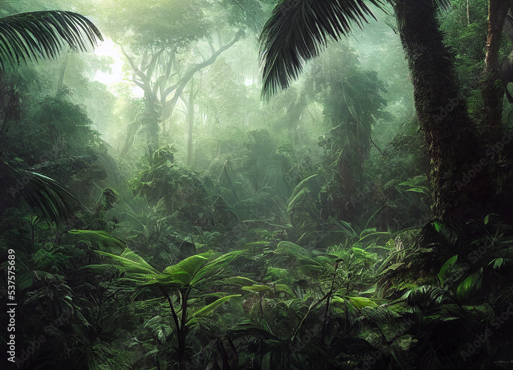 The Landscape of the jungle full of exotic plants and trees, An ...