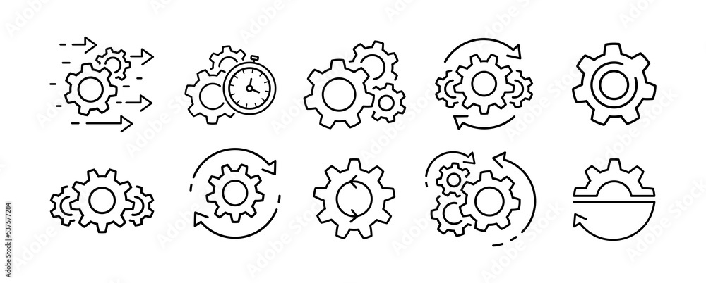 Process management icon set. Optimization operation. Transmission gear ...