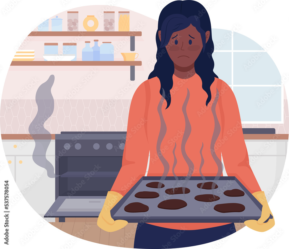 Burnt cookies 2D raster isolated illustration. Upset woman with failed ...